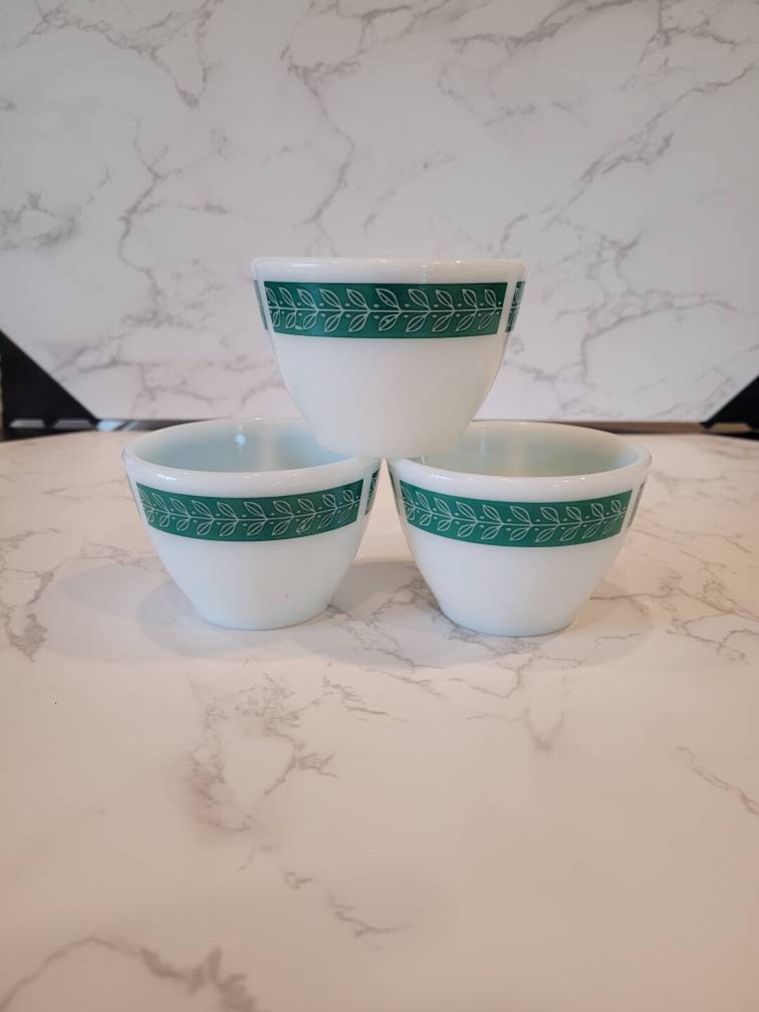 3 - Corning Ware - Pyrex Ware Ramekins - Dessert Cups - Green Laurel ...