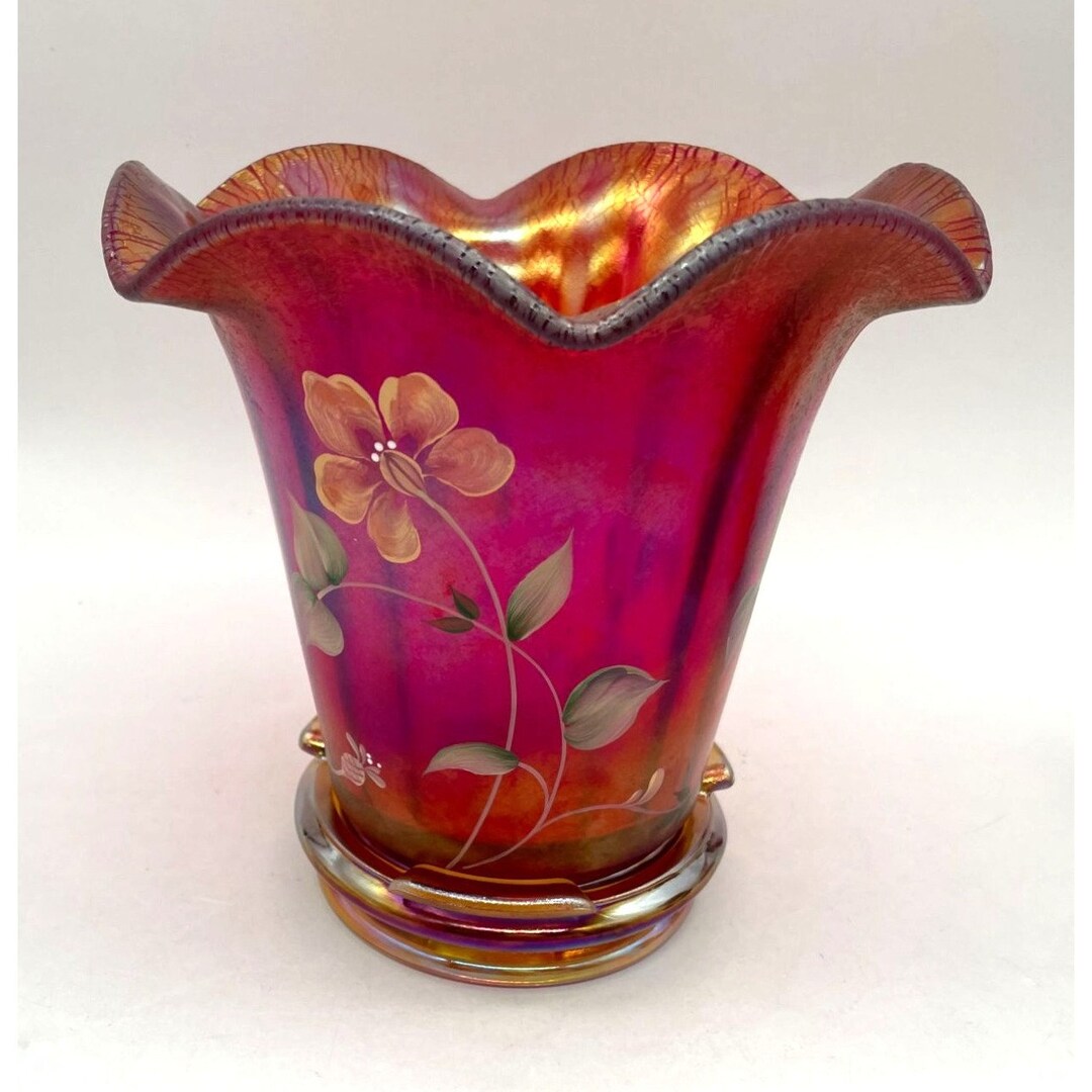 Vtg. Fenton 100th Anniversary Founders Ruby Red Stretch HP 7 Flip Vase ...