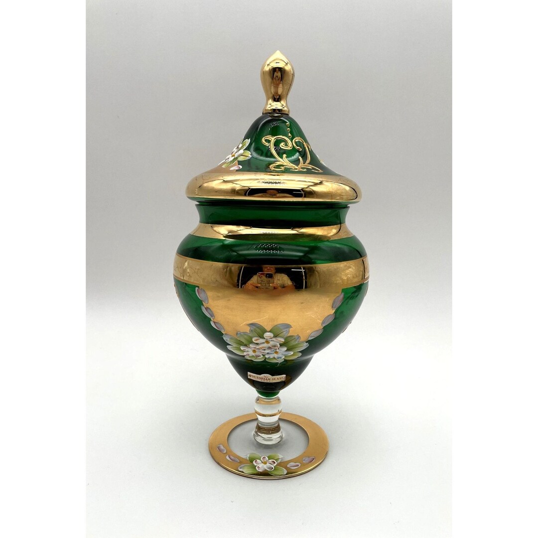 Vintage SEYEI Victorian Glass Decorated Footed Candy Dish W Lid Green ...