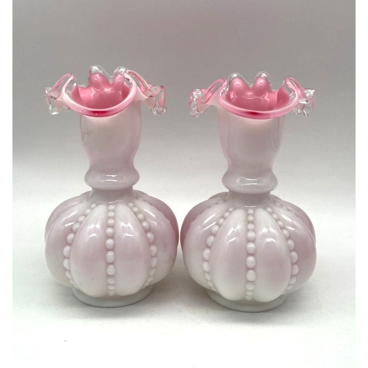 Vtg. Pair Fenton Beaded Melon Silvercrest Pink Pitchers - Etsy