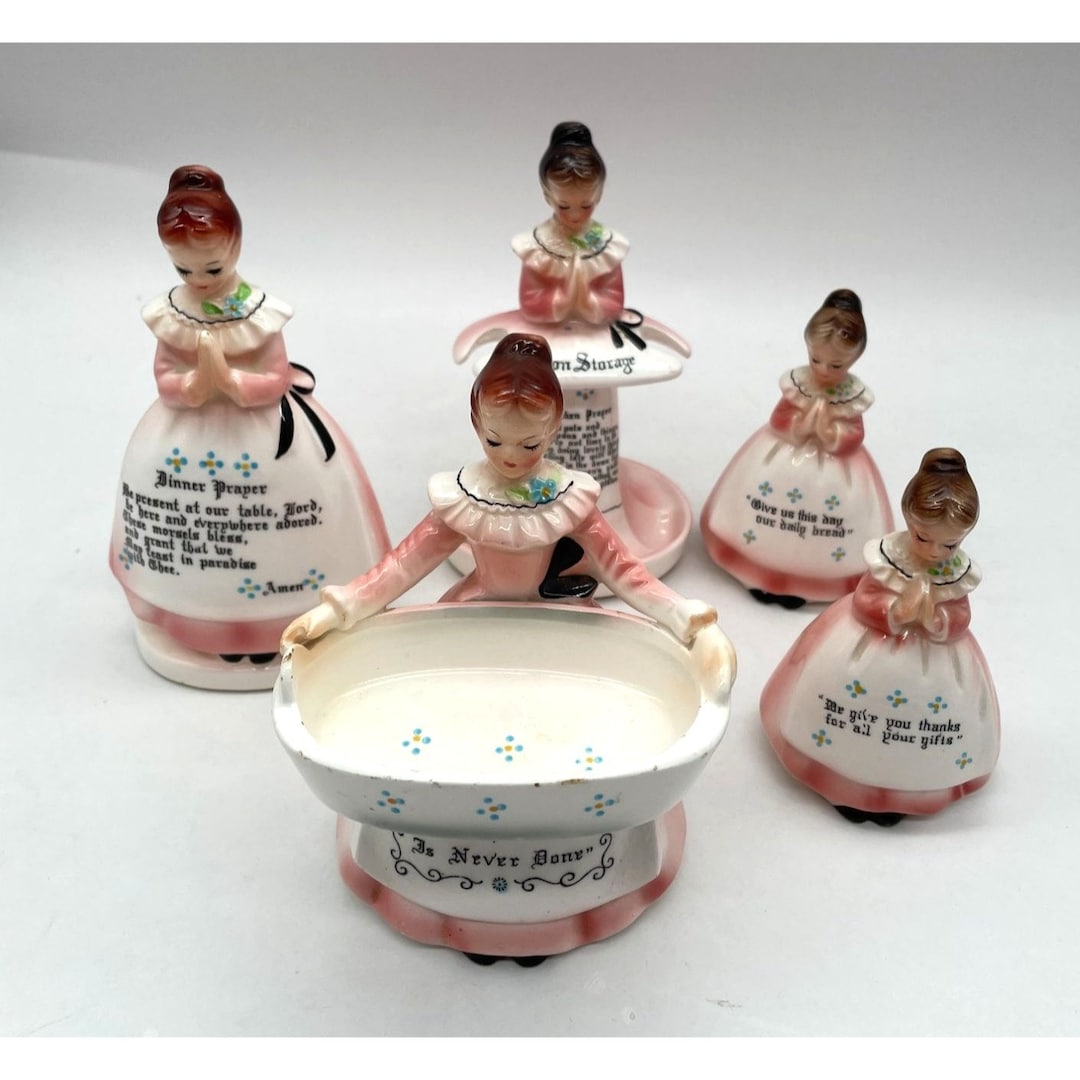 Vtg. 5 Piece Enesco Kitchen Prayer Set Salt & Pepper, Spoon Holder ...