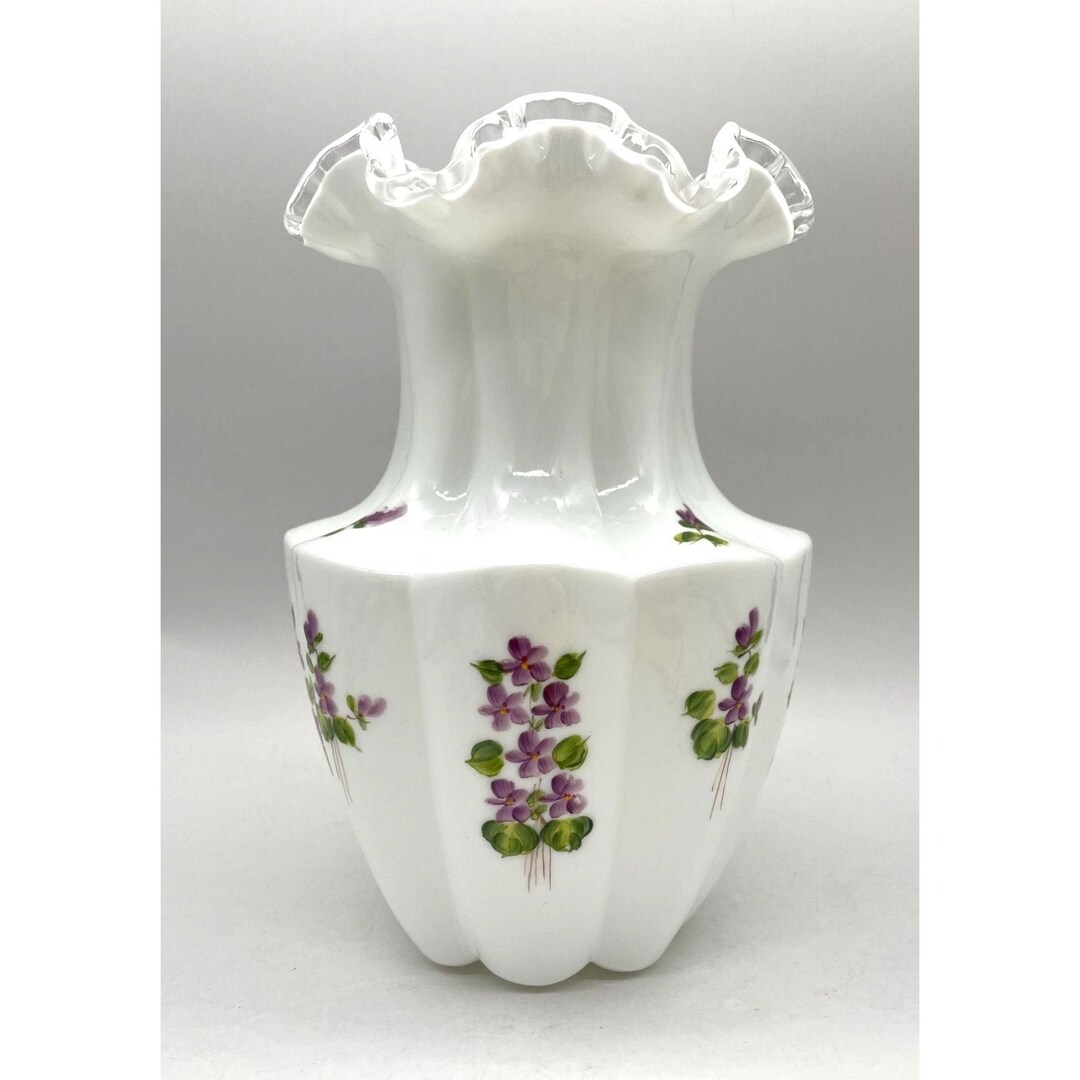 Vtg. Large Fenton Silvercrest Milk Glass Painted Violets Vase - Etsy
