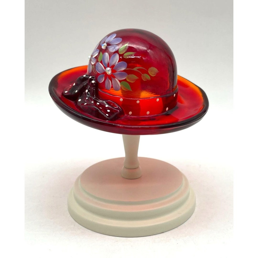 Vtg. Fenton Ruby Art Glass Hand Painted Hat W/ Stand - Etsy