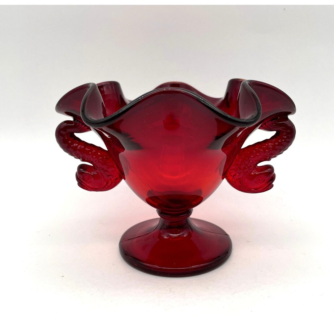 Rare Vtg. Fenton Ruby Red Double Dolphin/fish/dragon Handle Footed Bowl ...
