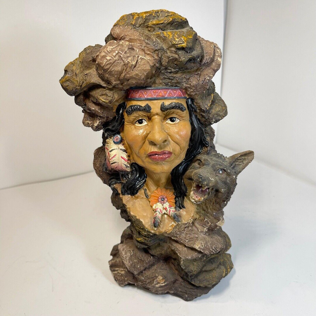 Vintage Native American Chief Bust Sculpture With Wolf 12in Resin ...