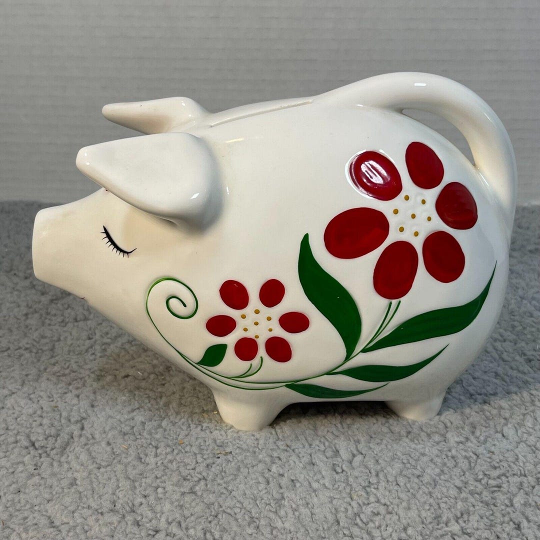 Vintage Piggy Bank Ceramic Floral Pig 8.5in Long Red Flower Coin Bank ...
