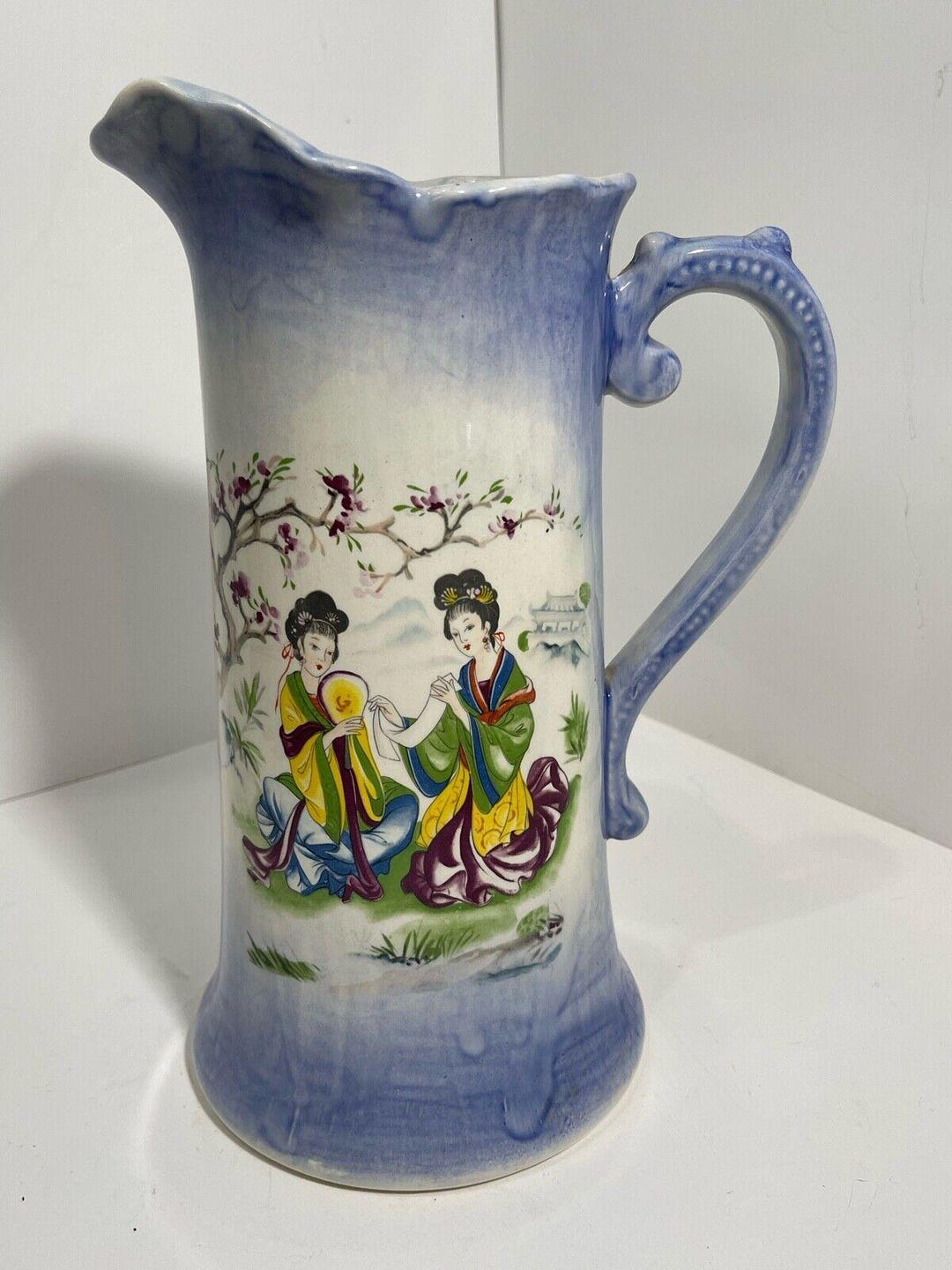 Vintage Asian Ceramic Pitcher: Hand-painted Women & Floral Scene - Etsy