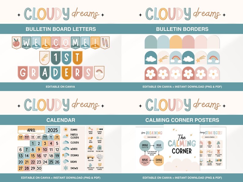 Rainbow Classroom Decor Bundle, Editable Cloudy Dreams Classroom ...