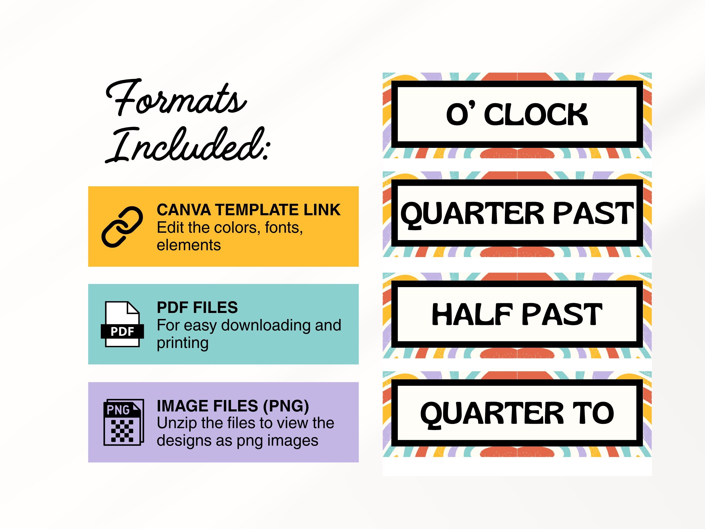 Retro Groovy Printable Classroom Clock Sign, Time Labels,analog Clock ...