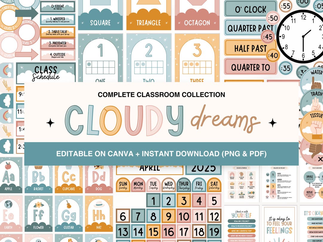 Rainbow Classroom Decor Bundle, Editable Cloudy Dreams Classroom ...