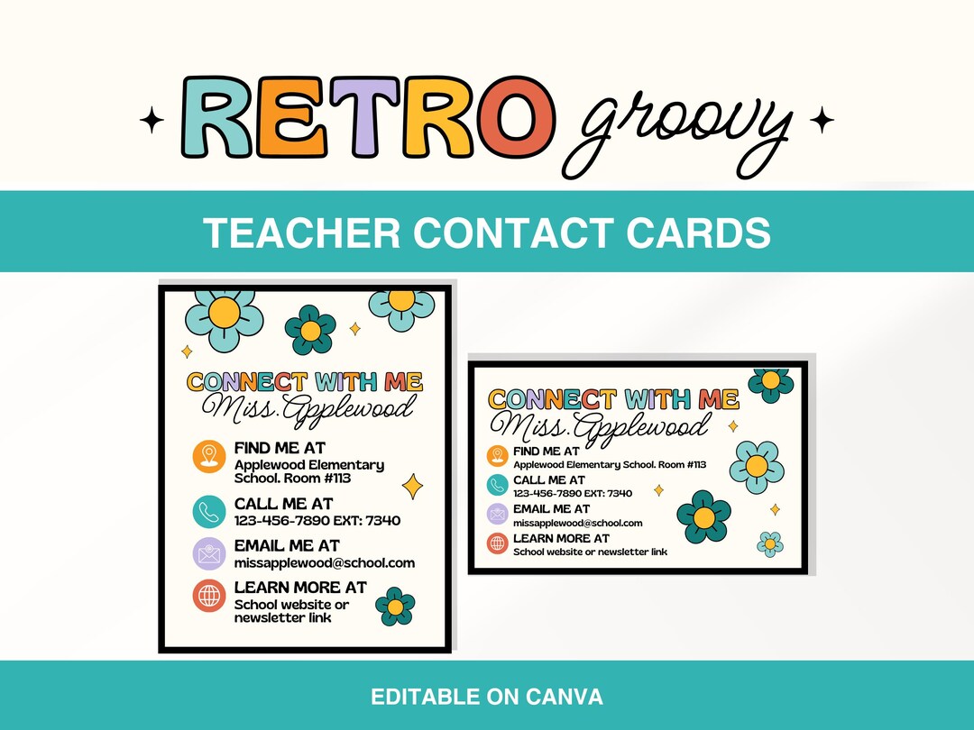 Groovy Teacher Contact Info Cards, Teacher Calling Card, Editable ...
