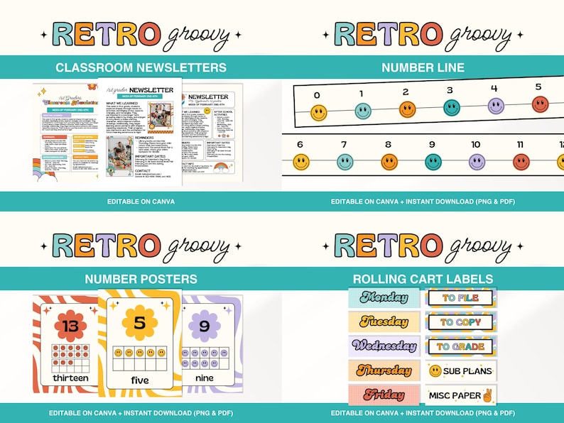 Retro Groovy Classroom Decor Theme Bundle, Editable Bright Classroom ...