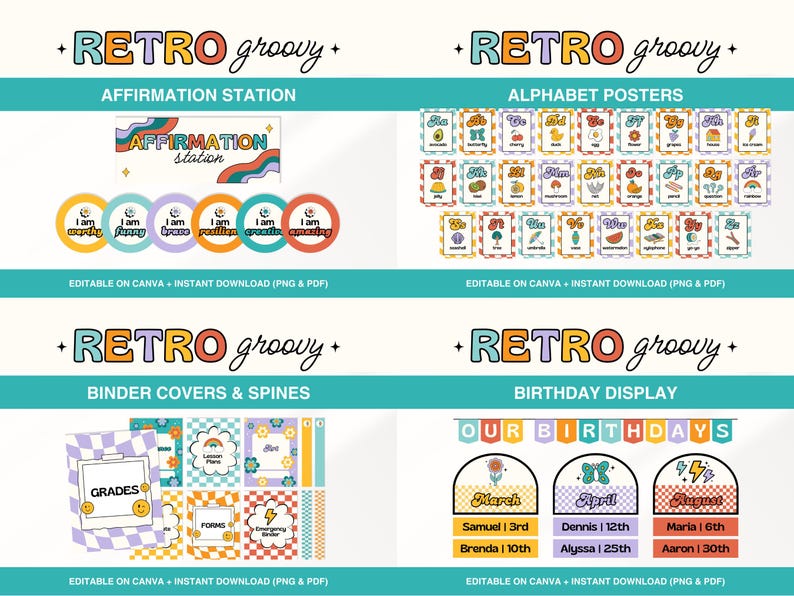 Retro Groovy Classroom Decor Bundle, Editable Bright Colorful Classroom ...