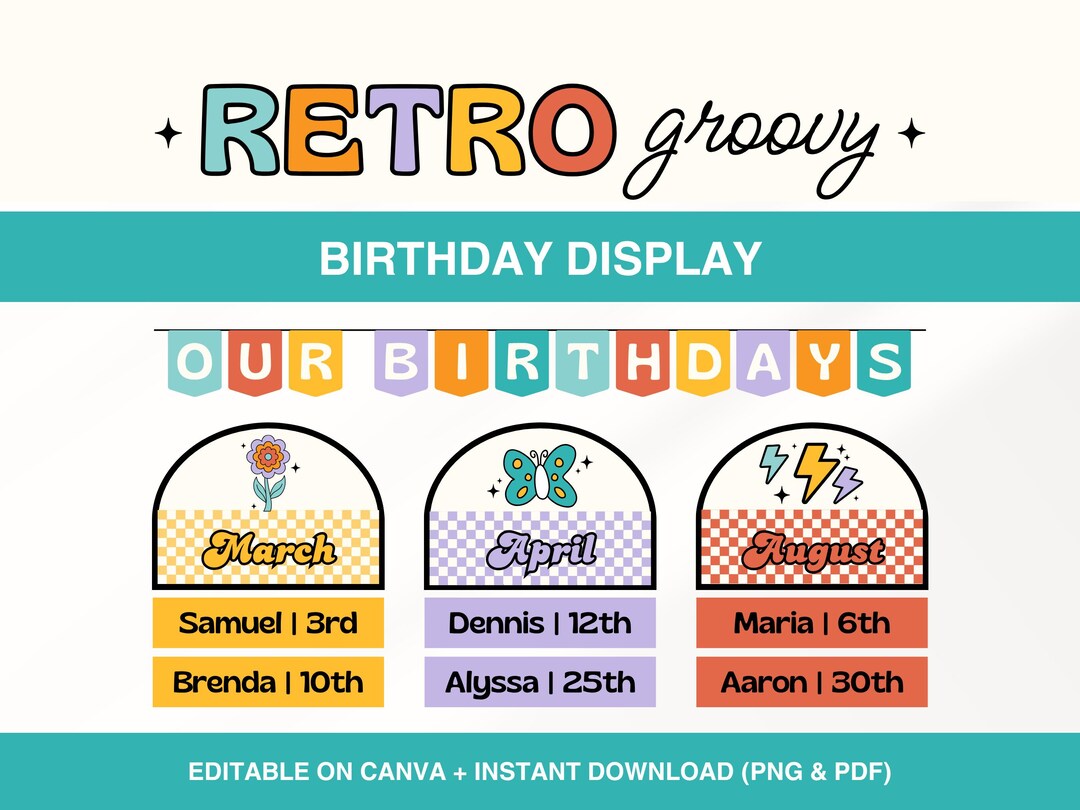 Printable Birthday Bulletin Board, Retro Groovy Classroom Birthday ...