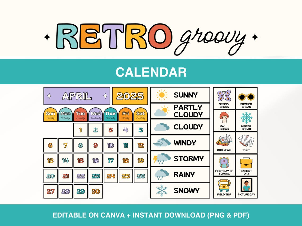 Retro Groovy Classroom Calendar Set, Calendar Display With Weather ...