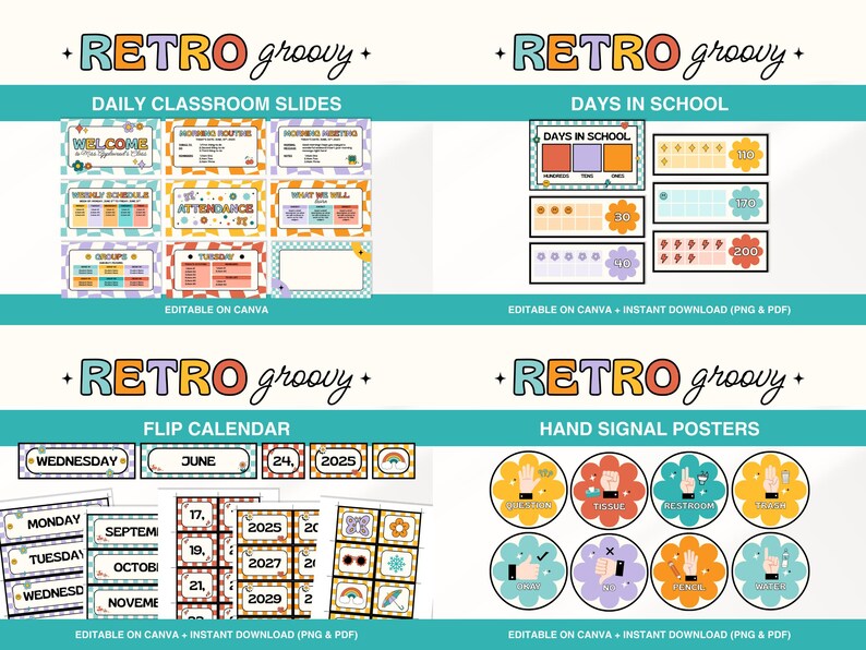 Retro Groovy Classroom Decor Bundle, Editable Bright Colorful Classroom ...