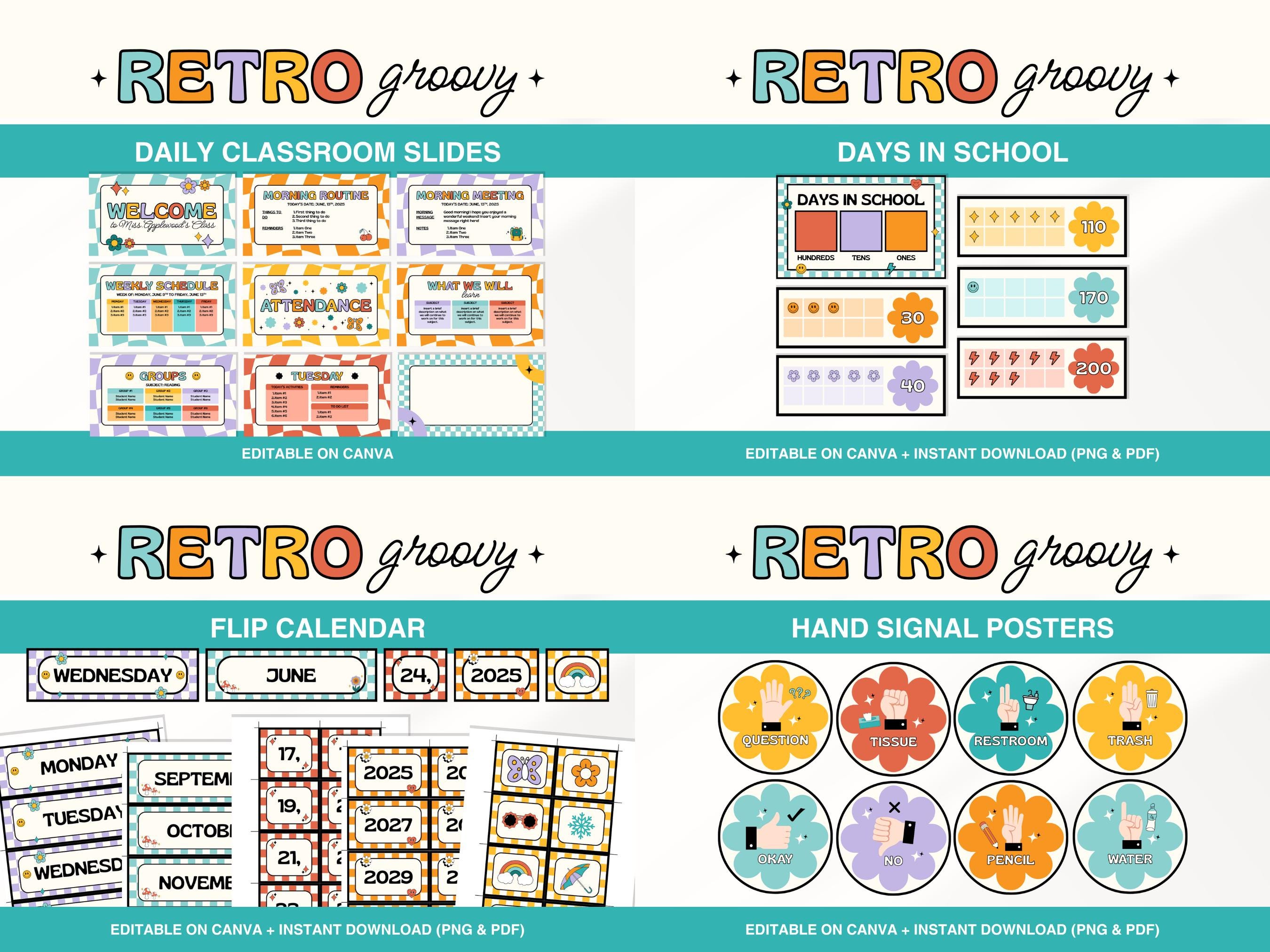 Retro Groovy Classroom Decor Bundle, Editable Bright Colorful Classroom ...