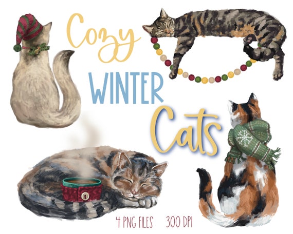 Cozy Holiday Cats Clipart Winter Cat Printable Illustrations - Etsy