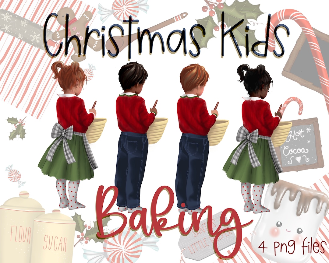 Kids Baking Christmas Cookies Clipart, Png Files for Holiday Cards and ...