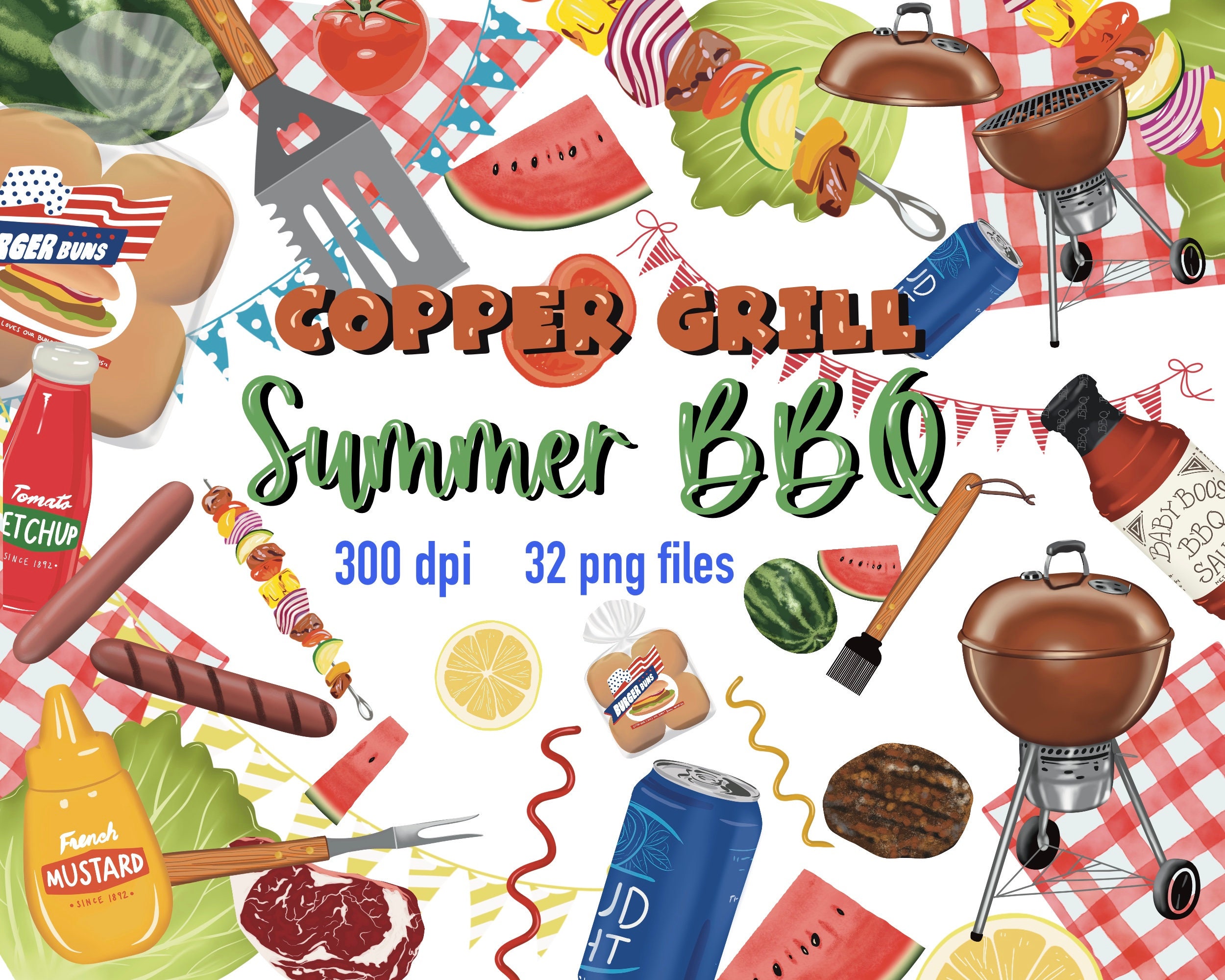 Cookout Clipart Bundle, Copper Grill With Accessories, Kabobs ...