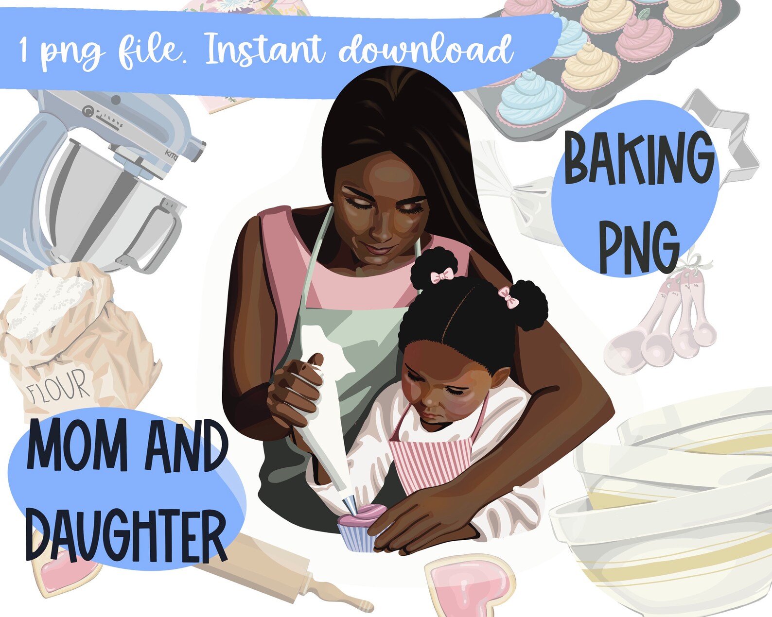Mom and Daughter Baking Clipart, Mothers Day Clipart, African American ...