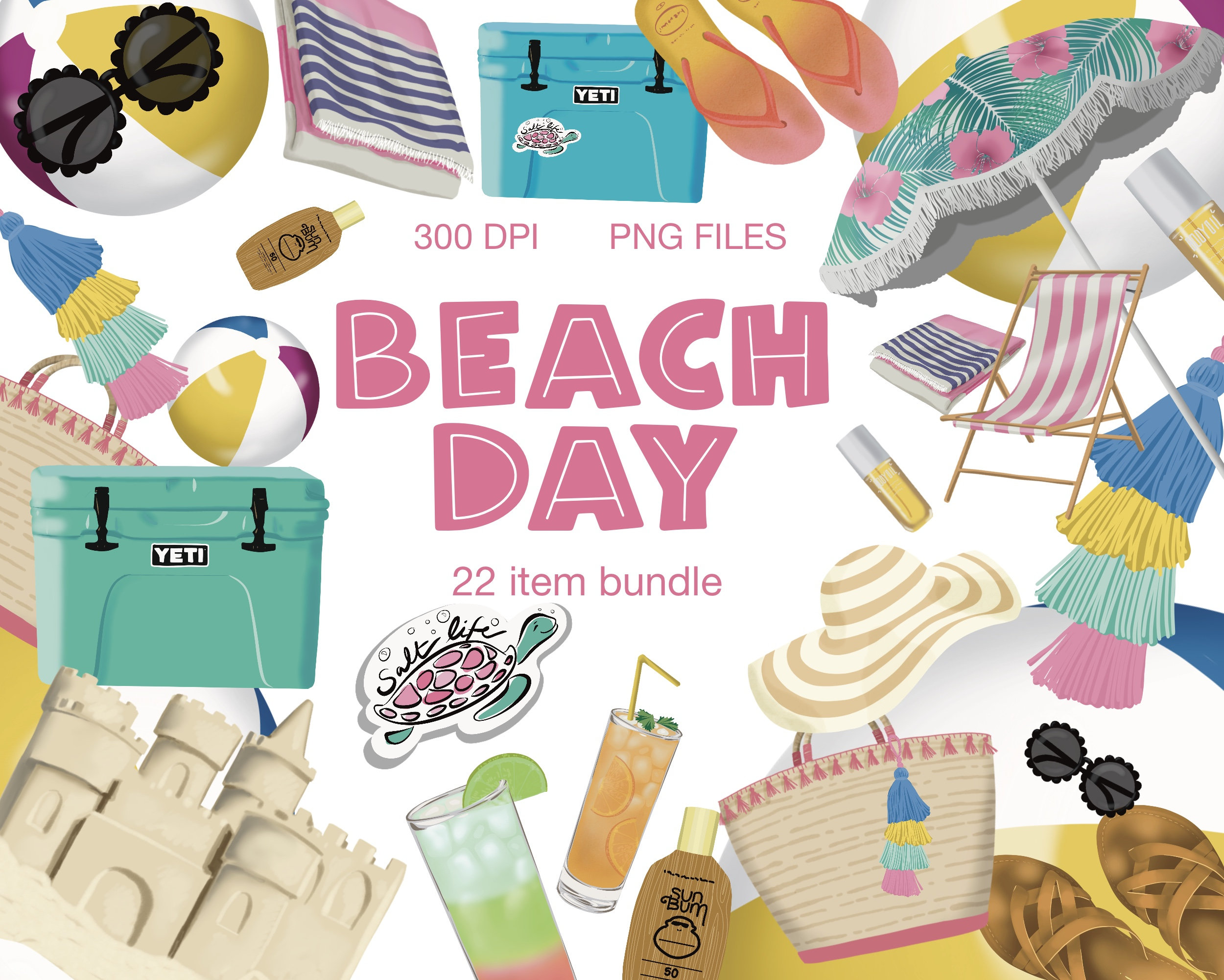 Beach Accessories Clipart Bundle, Watercolor Summer Clipart, Vacation ...