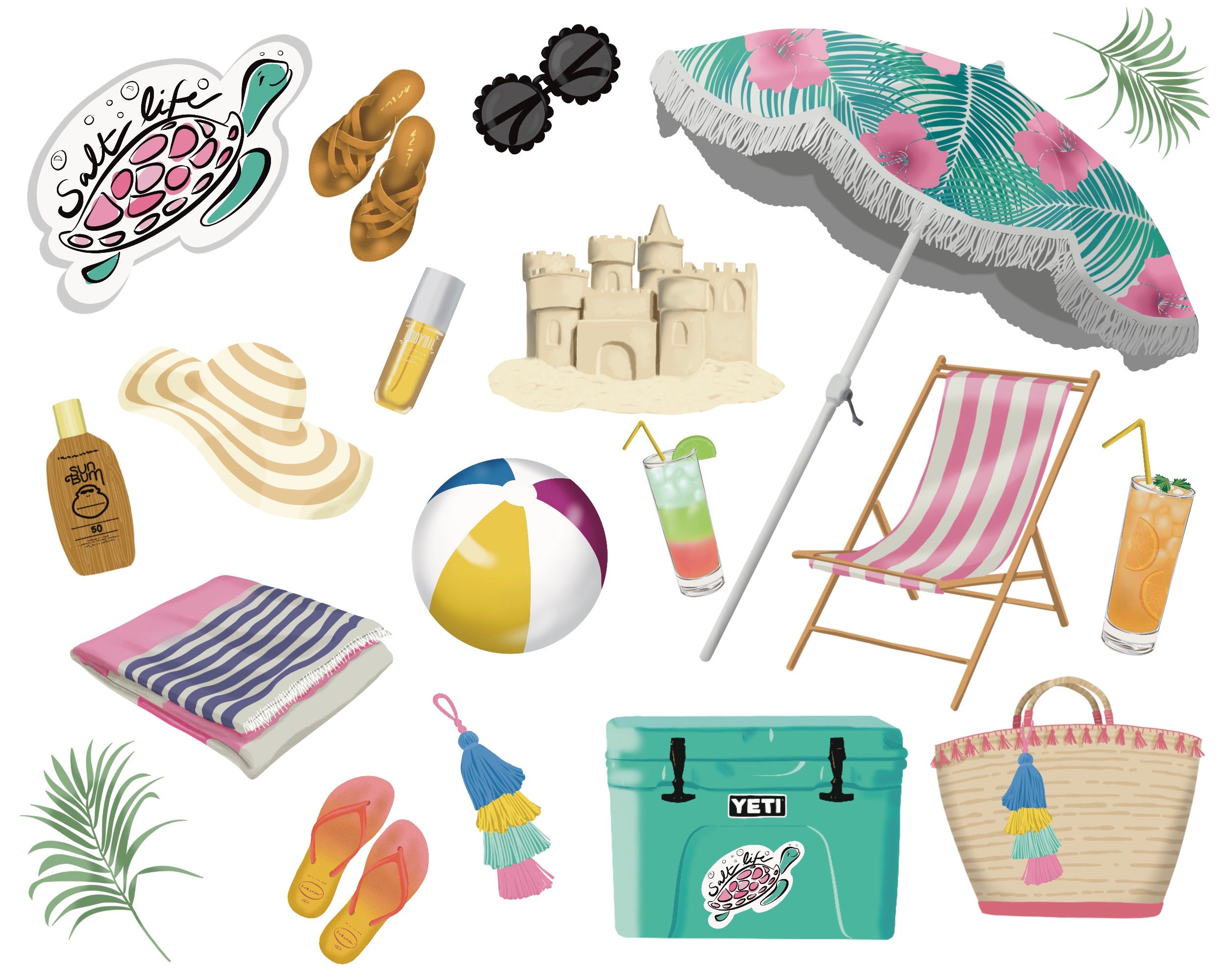 Beach Accessories Clipart Bundle, Watercolor Summer Clipart, Vacation ...