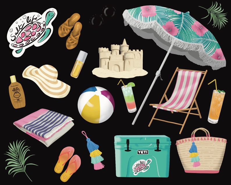 Beach Accessories Clipart Bundle, Watercolor Summer Clipart, Vacation ...