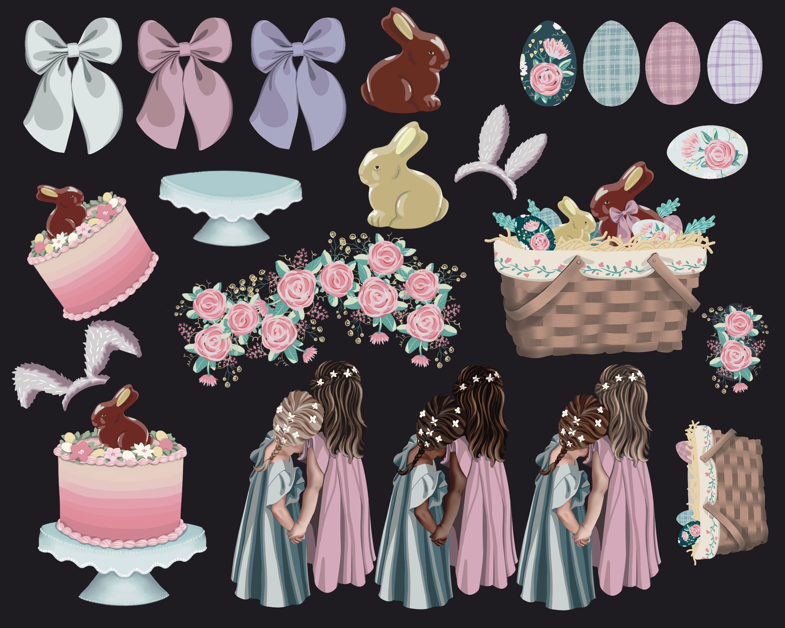 Easter Clipart Bundle, Little Girls With Easter Basket, Easter Cake ...