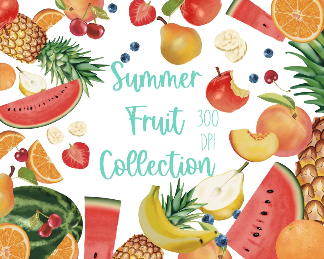Bright Summer Fruit Clipart Bundle, Watercolor Cherries, Pineapple ...