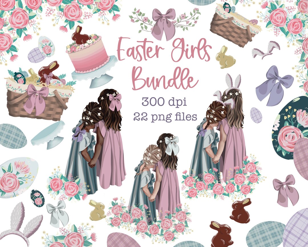 Easter Clipart Bundle, Little Girls With Easter Basket, Easter Cake ...