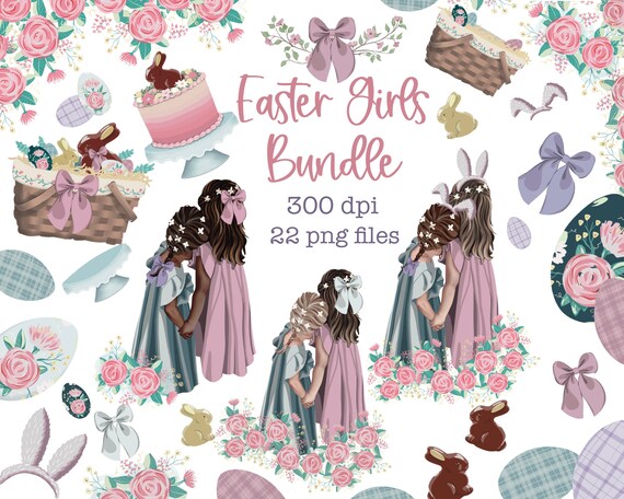 Easter Clipart Bundle Little Girls With Easter Basket Easter - Etsy
