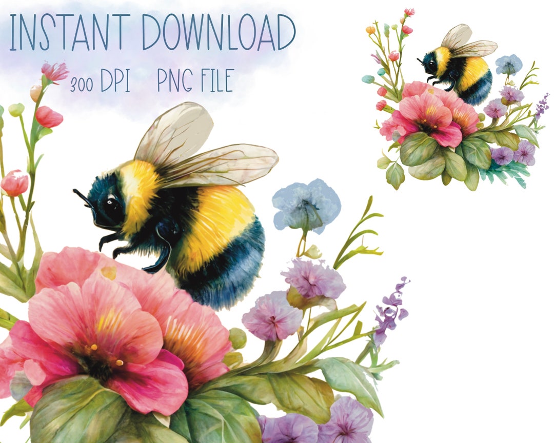 Watercolor Bumblebee With Spring Flowers Clipart, Floral Clipart With ...