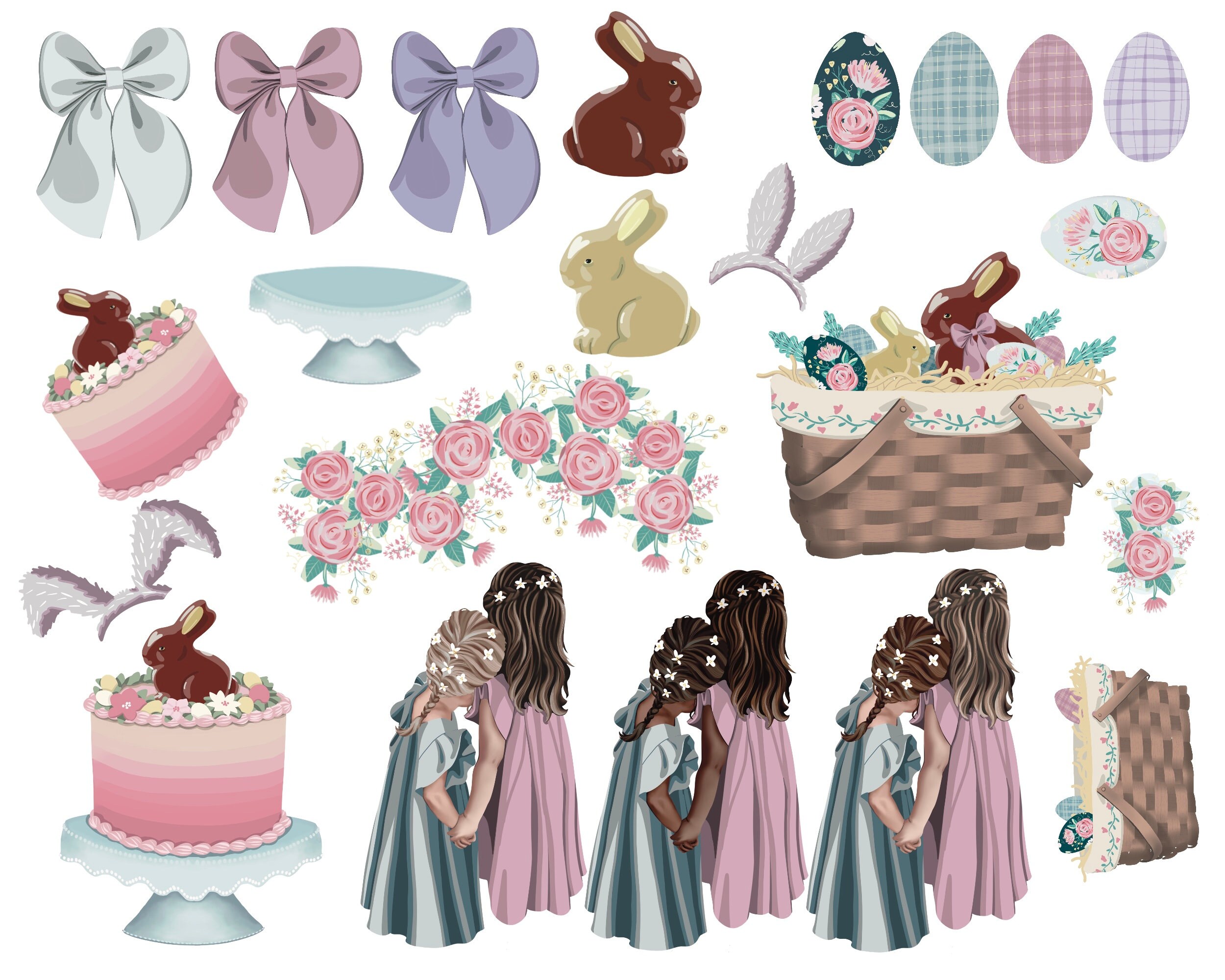Easter Clipart Bundle, Little Girls With Easter Basket, Easter Cake ...