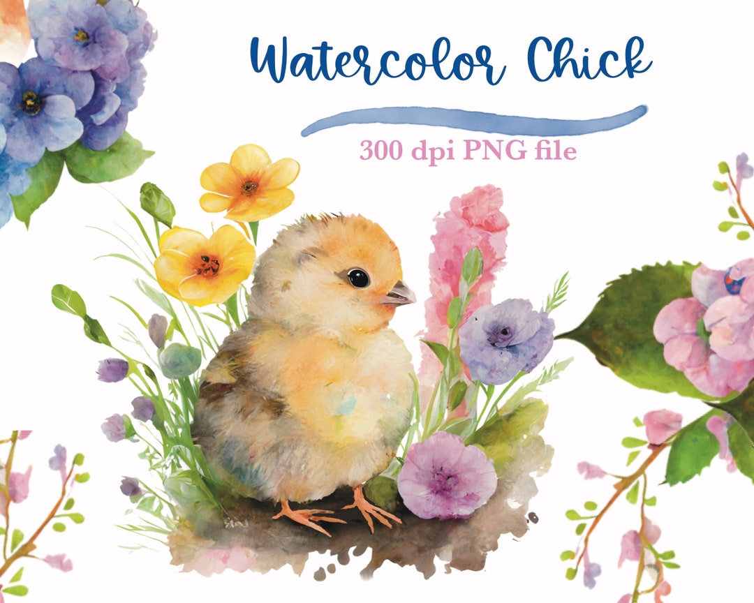 Baby Chick Watercolor Clipart With Floral Accents, Spring Baby Animal ...