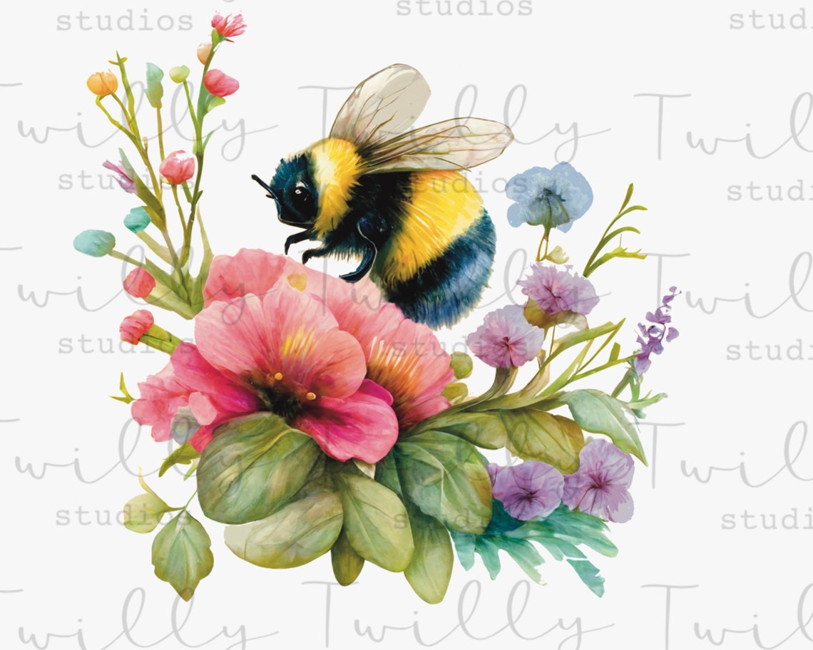 Watercolor Bumblebee With Spring Flowers Clipart, Floral Clipart With ...