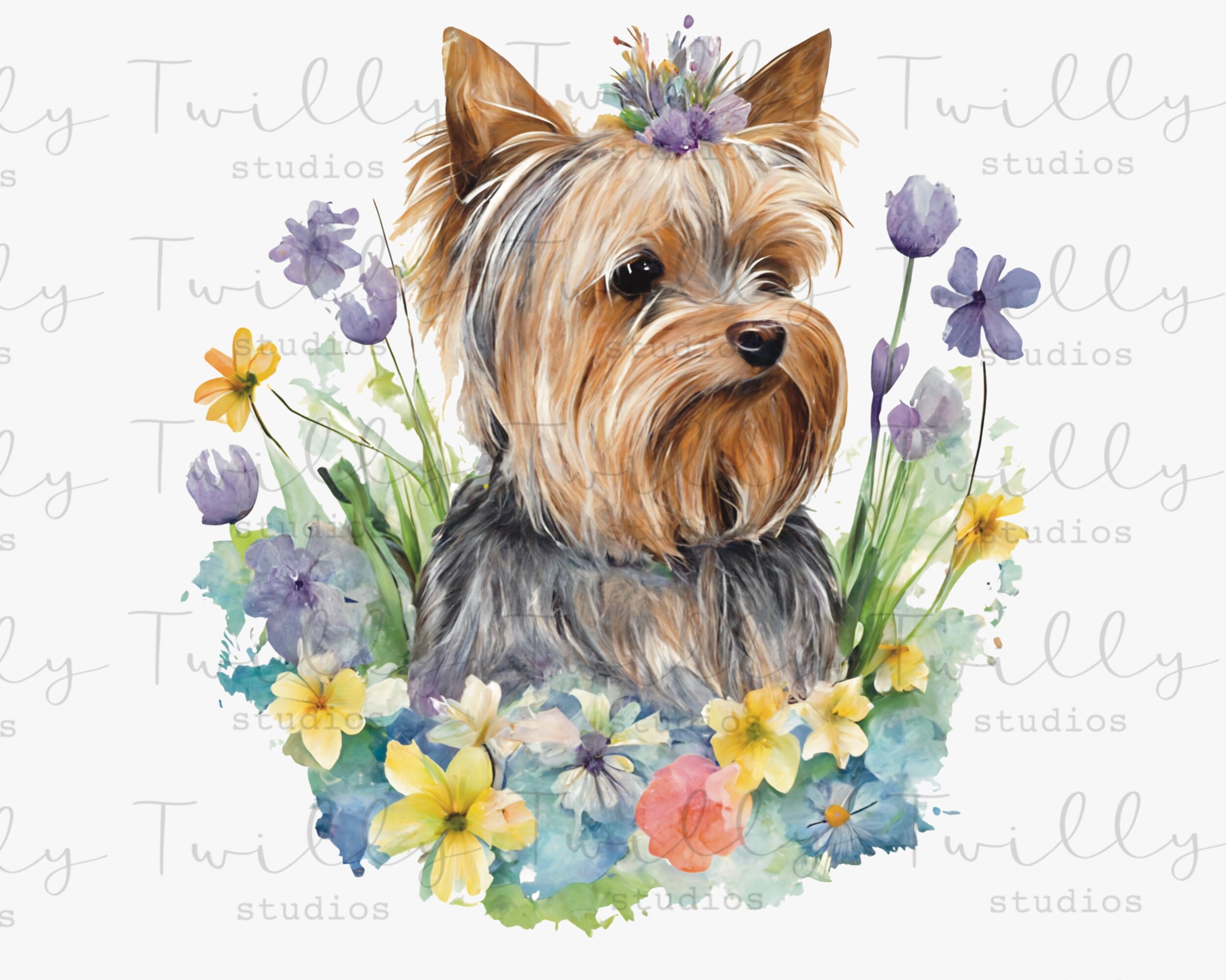 Watercolor Yorkie With Spring Flowers Clipart, Whimsical Yorkshire ...