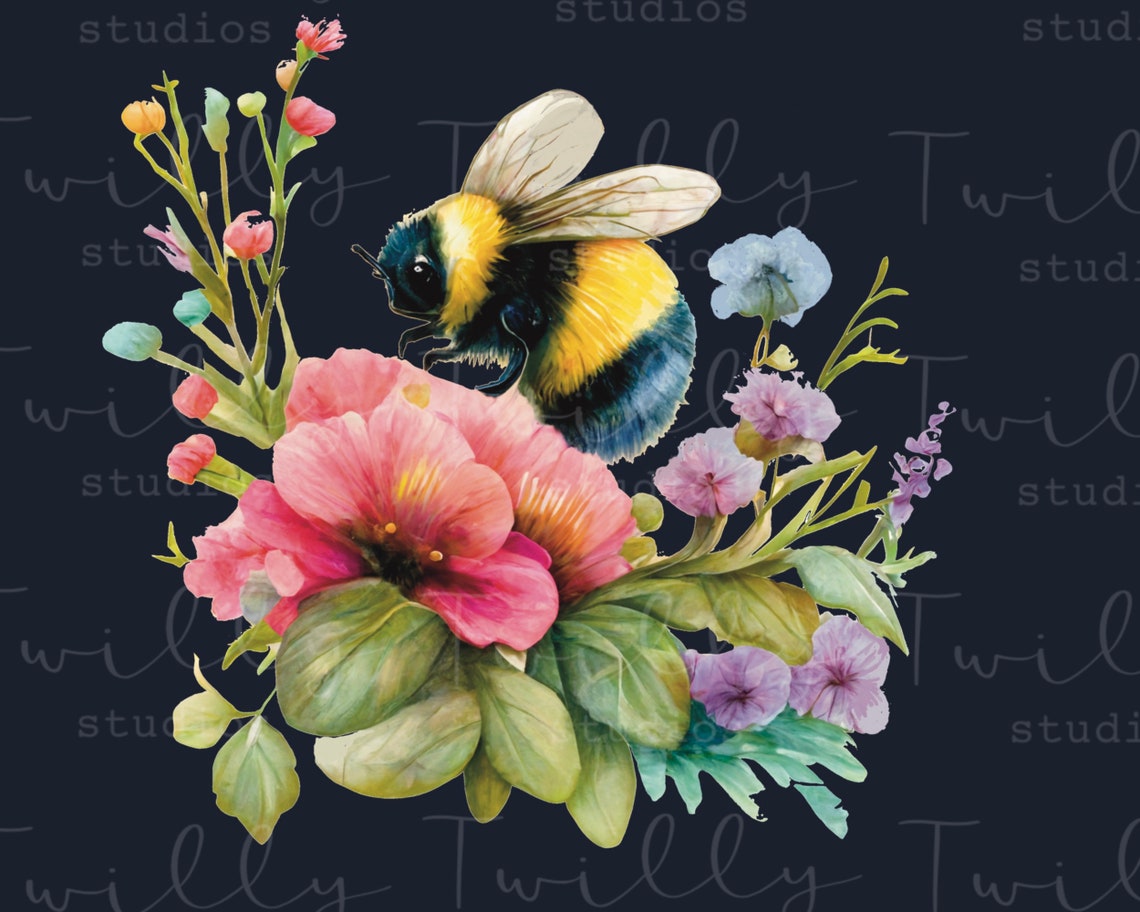 Watercolor Bumblebee With Spring Flowers Clipart, Floral Clipart With ...