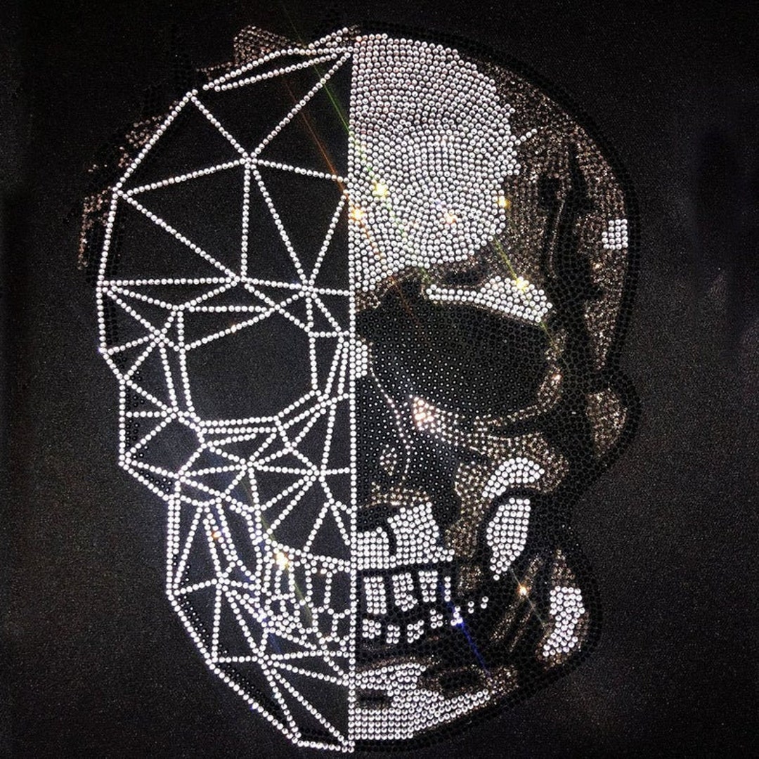 Silver Half Skull Rhinestone Iron on Heat Transfer, Crystal Rhinestone ...