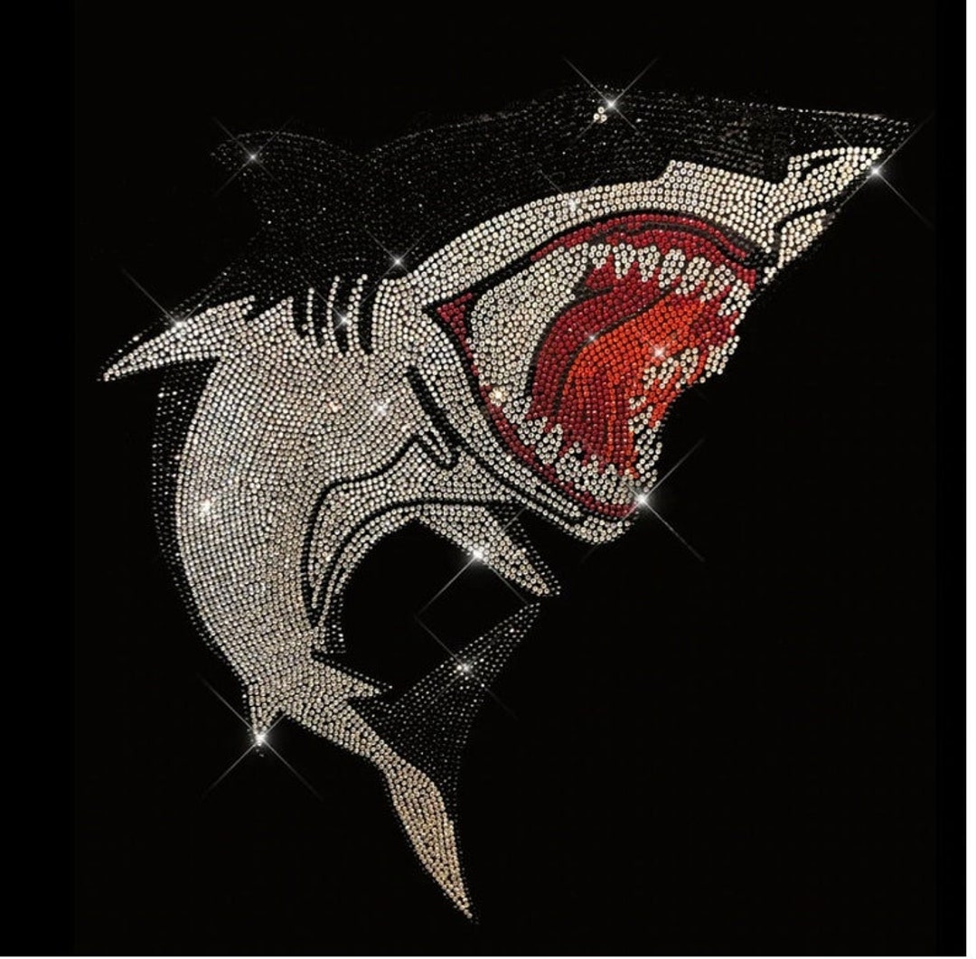 Shark Rhinestone Iron on Transfer, DIY T-shirt Applique (H 14" X W 9 ...