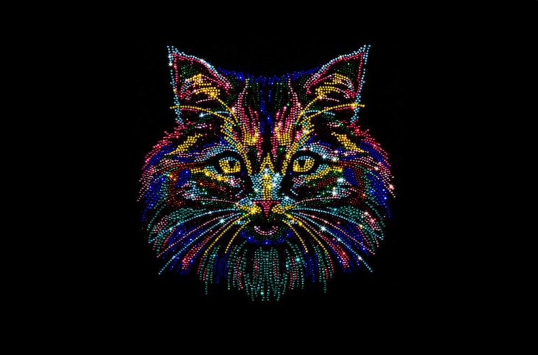 Cat Iron on Rhinestone Iron on Patch, Heat Transfer Cat Design, Iron on ...