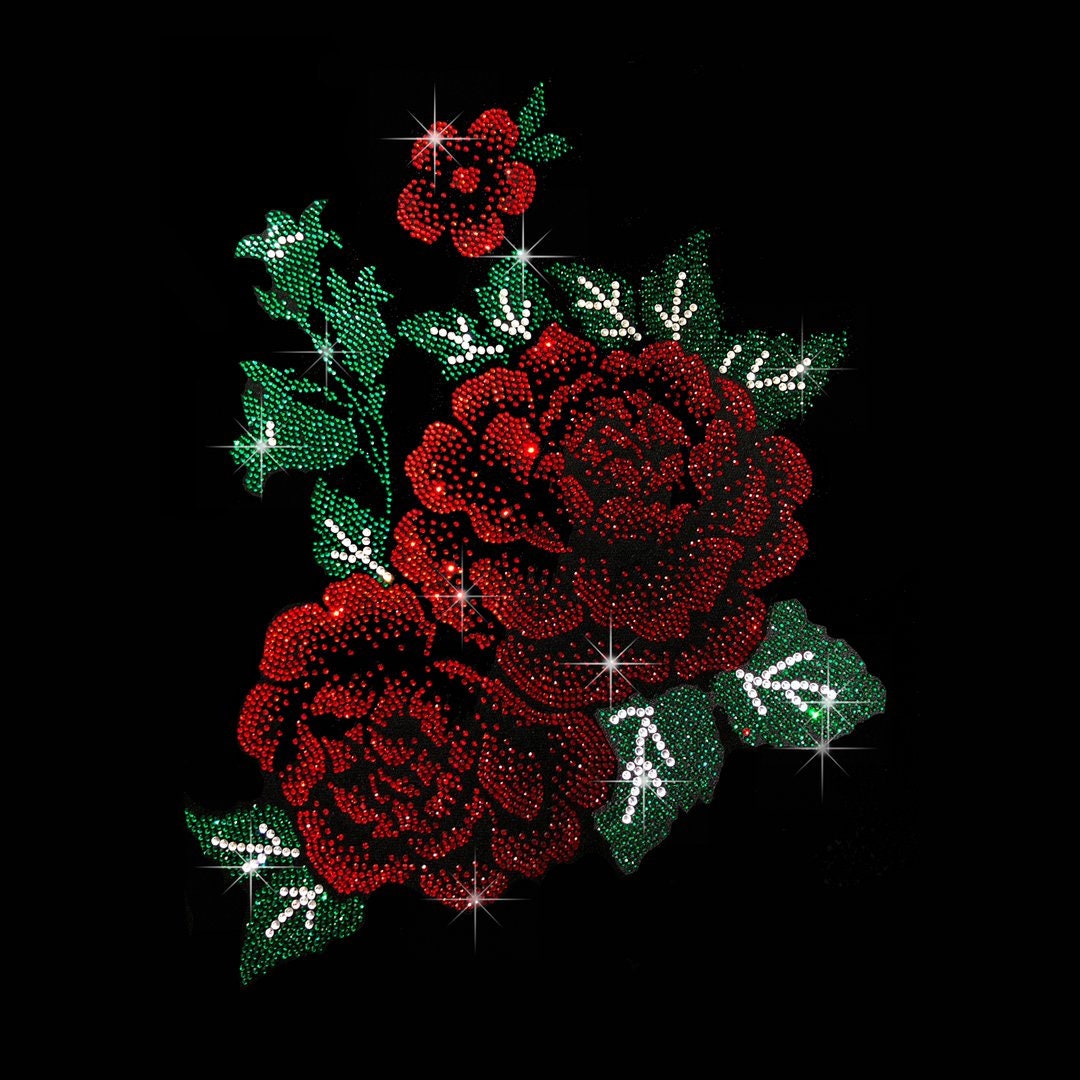 Red Roses Rhinestone Heat Transfer Patch, Floral Crystal Motif, 12" X 9 ...