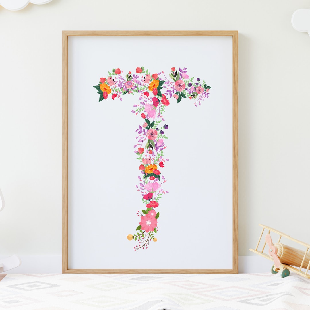 Initial Digital Wall Art, Letter T Print, Printable Letter T, Floral ...