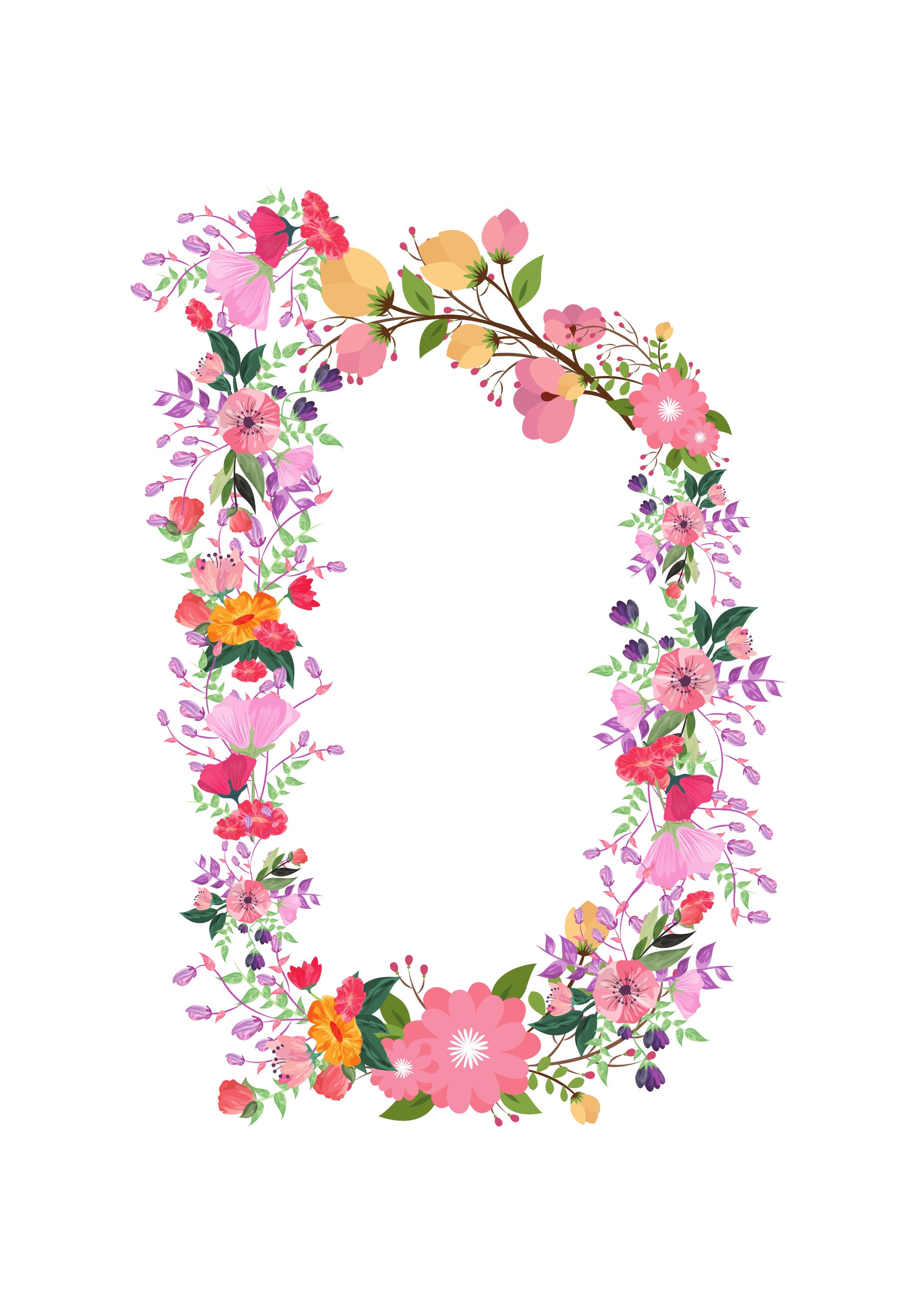 Initial Digital Wall Art, Letter D Print, Printable Letter D, Floral ...