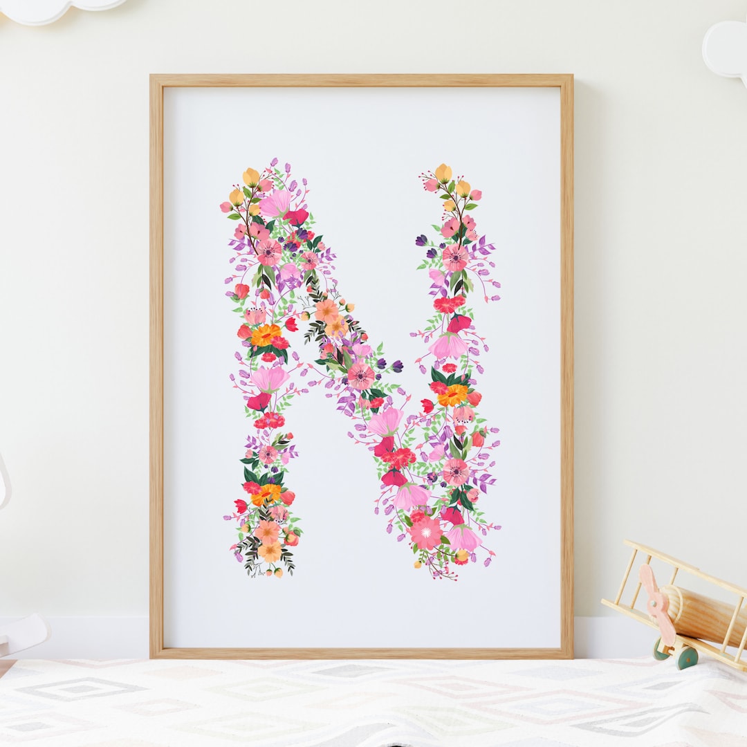 Initial Digital Wall Art, Letter N Print, Printable Letter N, Floral ...