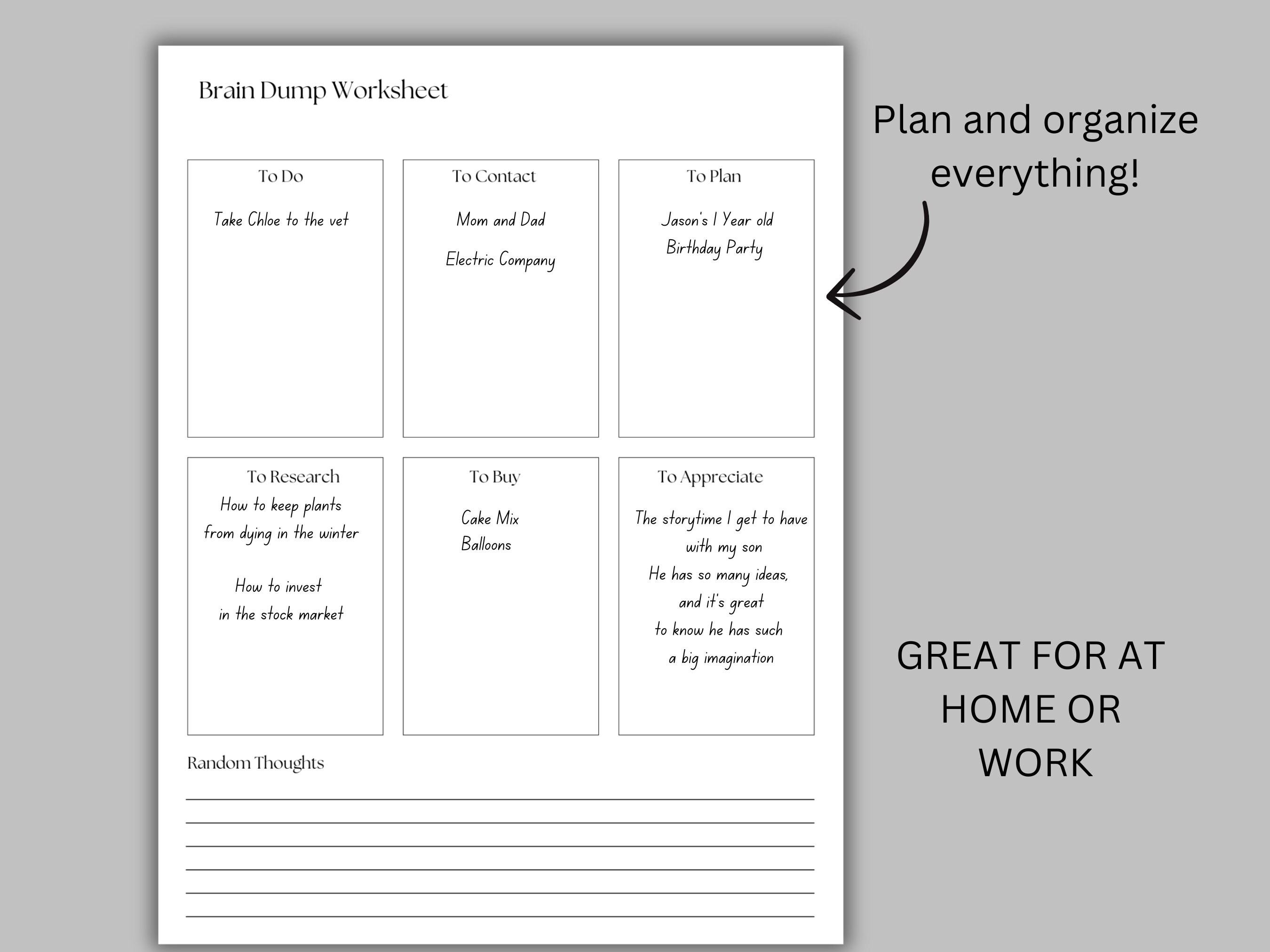 Brain Dump Worksheet, Brain Dump Printable, Goal Planner Template ...