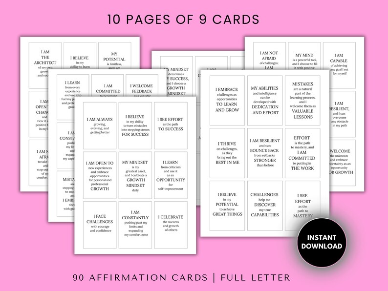 Growth Mindset Affirmation Cards Bundle: Printable and Digital,90 ...