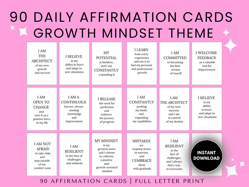 Growth Mindset Affirmation Cards Bundle: Printable and Digital,90 ...