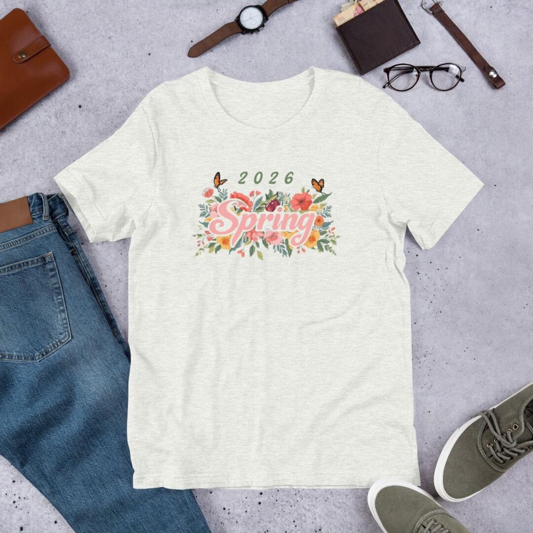 Spring 2026 Floral T-shirt, Pastel Flowers & Butterfly Design, Cute ...