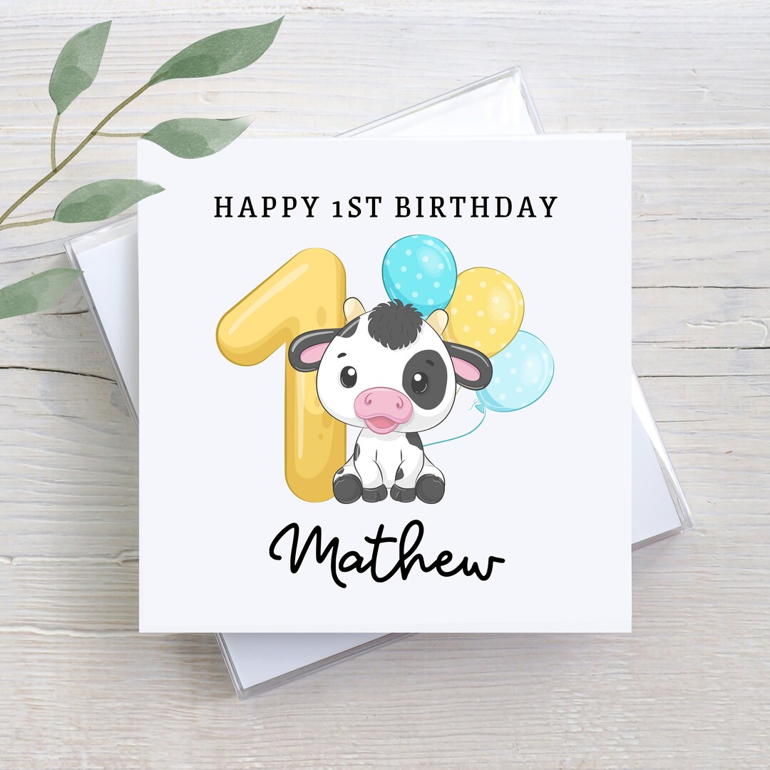 Happy 1st Birthday Card, Cute Cow Birthday Card, Personalized Gift for ...